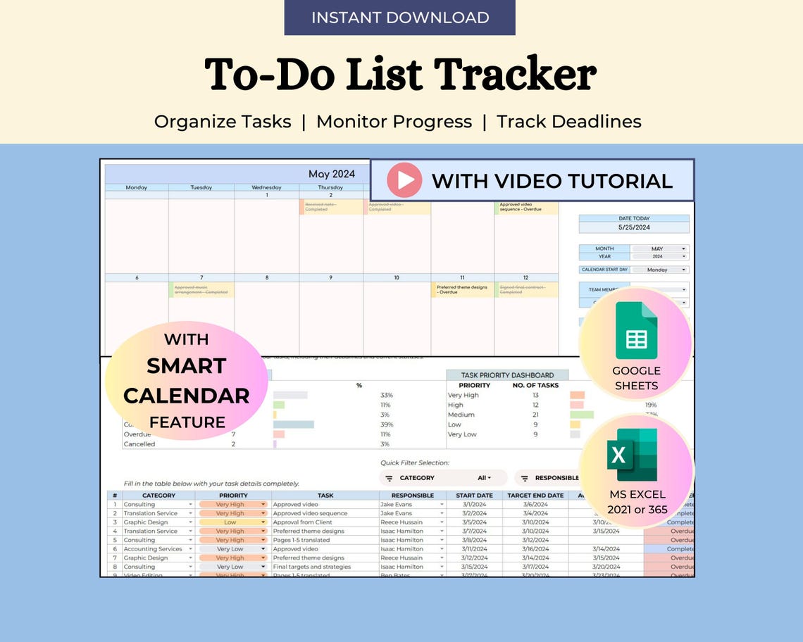 To Do List Tracker, Task Tracker Spreadsheet Template, Productivity ...