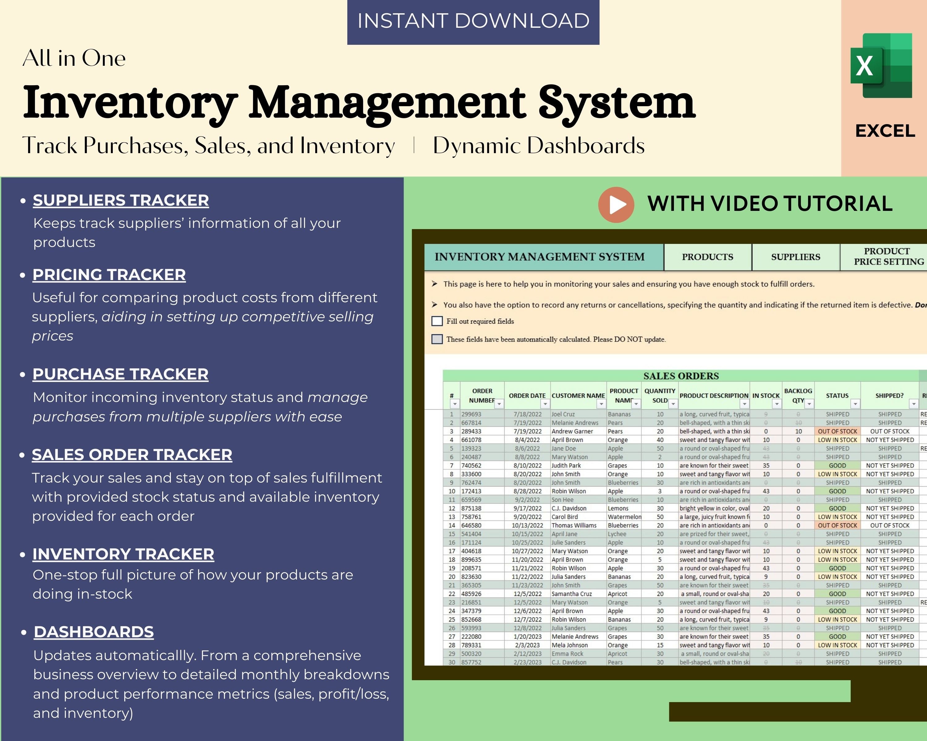 Sales and Inventory Tracker Excel Spreadsheet for Resellers, Dynamic ...