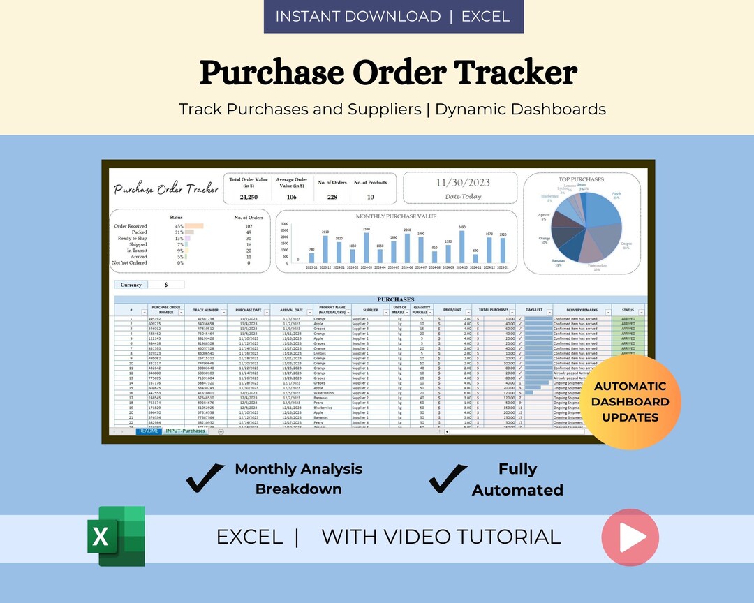 One Page Purchase and Track Simple Business Spreadsheet, Monthly ...