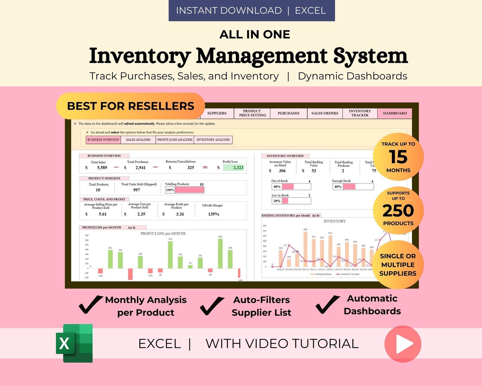 Inventory Management Excel Spreadsheet for Resellers, Sales and Profit ...