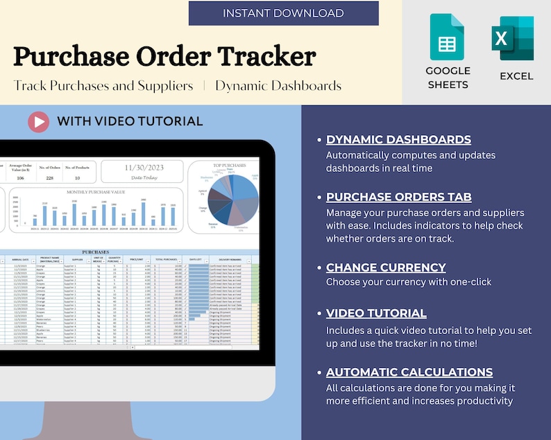 One Page Purchase and Track Simple Business Spreadsheet, Monthly ...