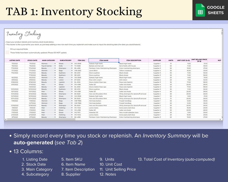 Small Business Reseller Spreadsheet, Automated Monthly Inventory ...