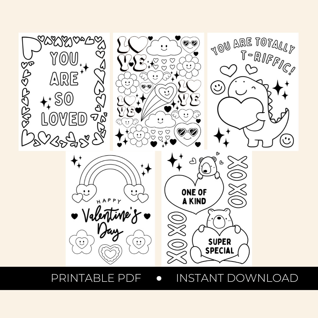 Retro Valentines Coloring Pages Pack, Five Pack of Coloring Sheets ...