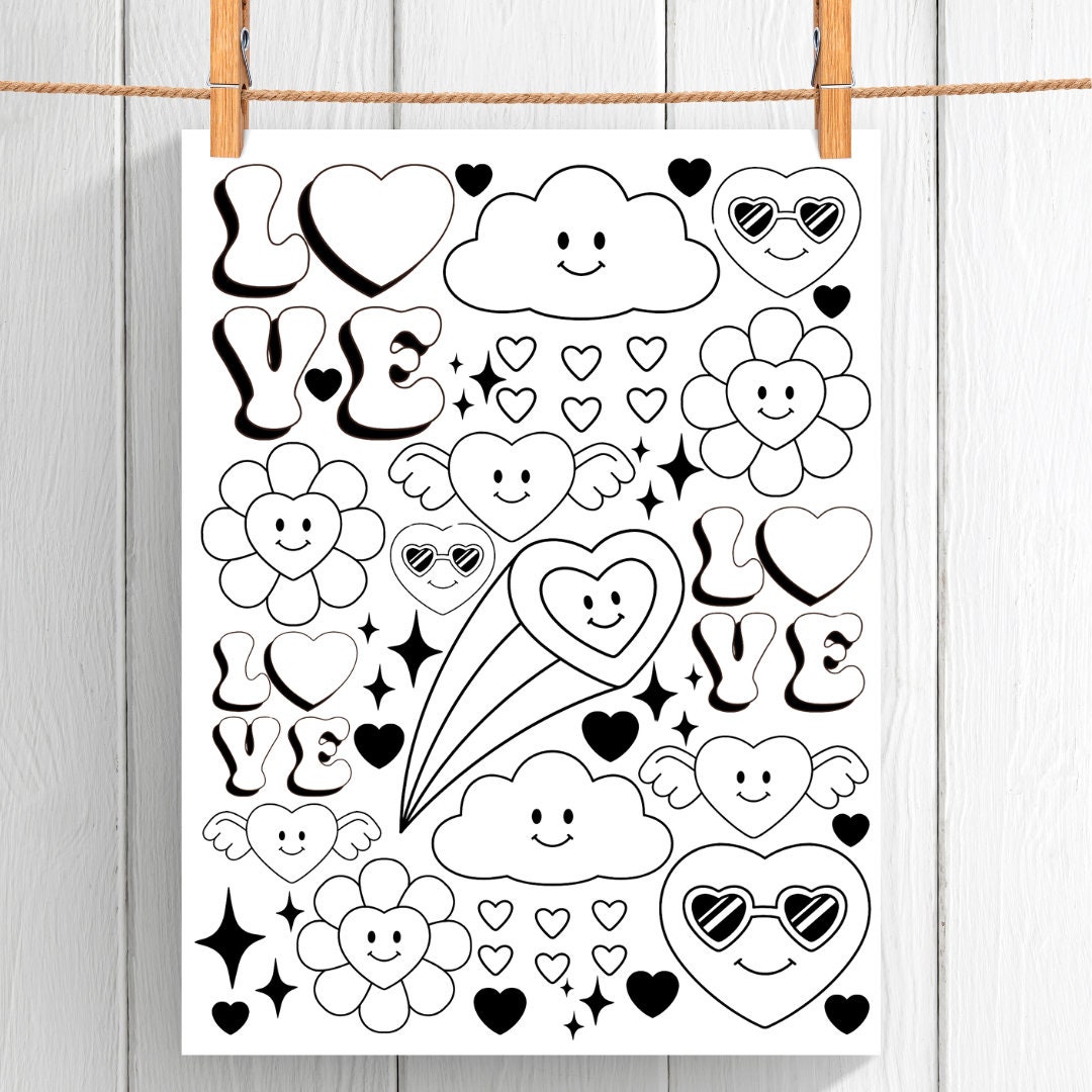 Retro Valentines Coloring Pages Pack, Five Pack of Coloring Sheets ...