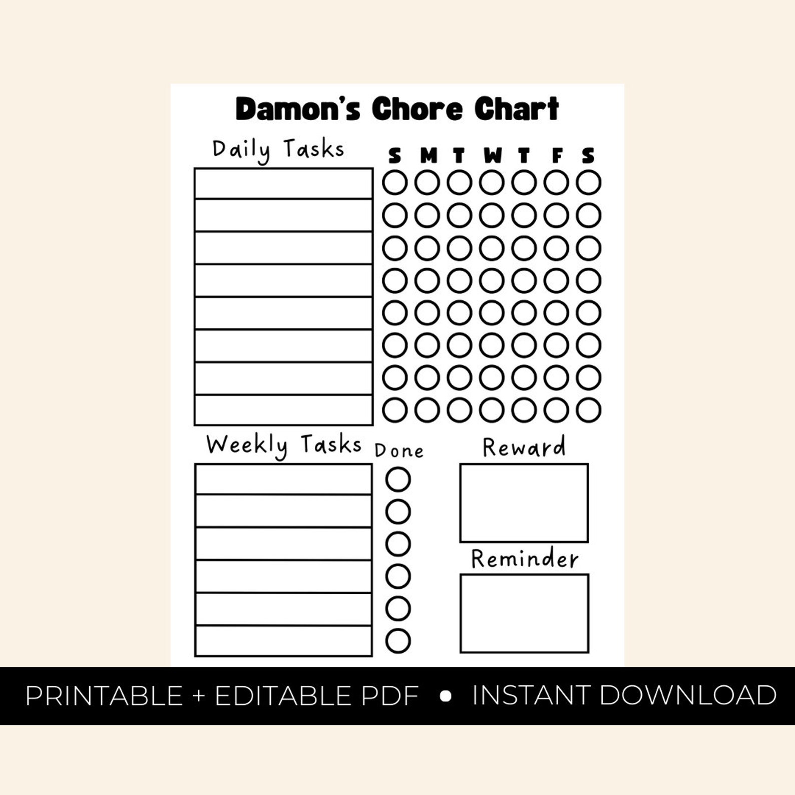 Chore Chart Printable Editable Chore Chart Daily Routine - Etsy