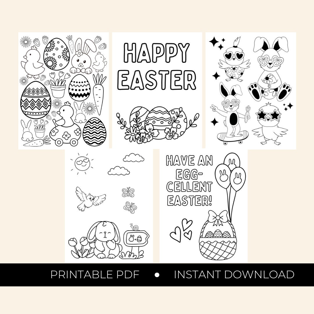 Retro Easter Coloring Pages Pack, Five Pack of Easter Coloring Sheets ...