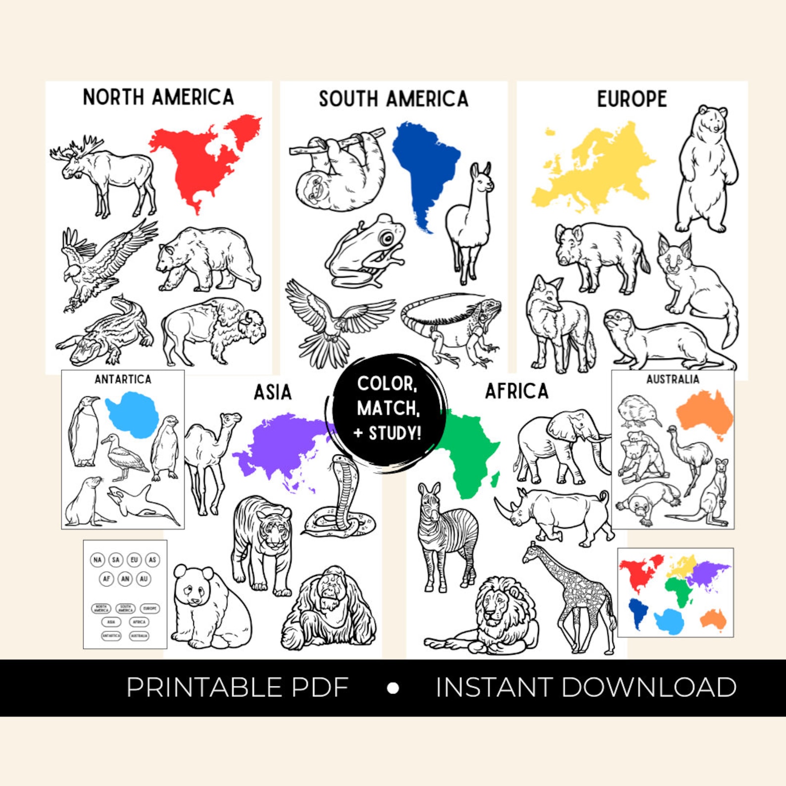Animals of the Continents Coloring Pages, Homeschool Study (digital ...