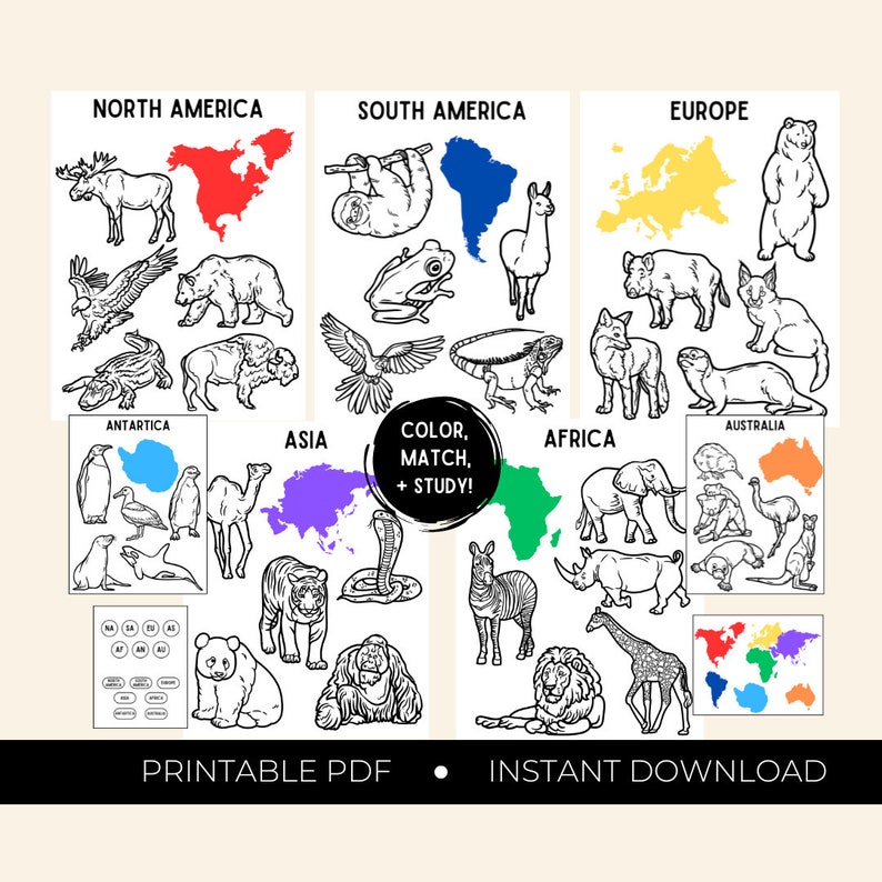 Animals of the Continents Coloring, Continents Study, Animal Coloring ...