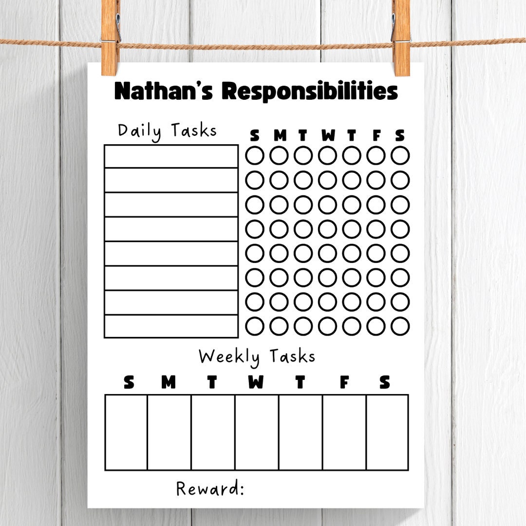 Responsibility Chart Printable, Editable Chore Chart, Daily Routine ...