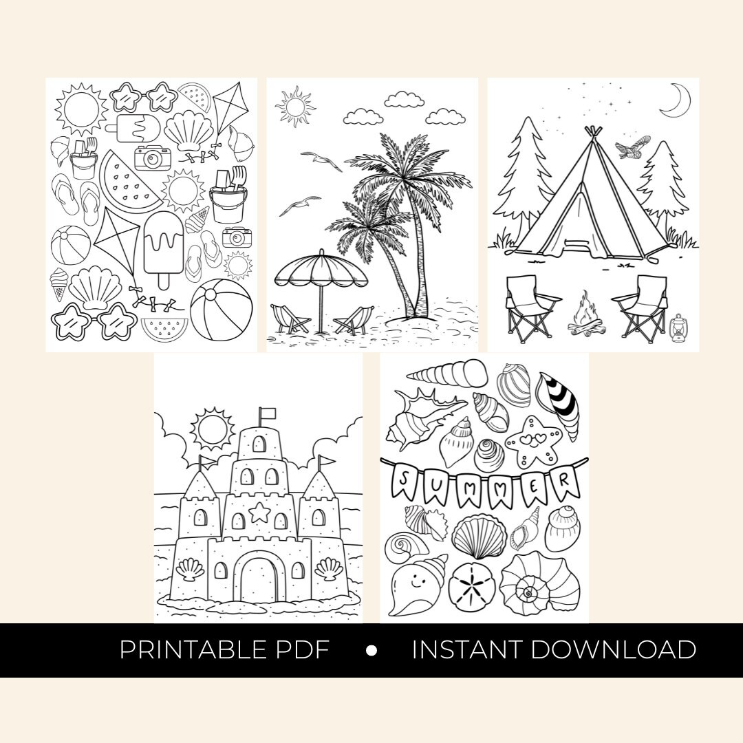Summer Coloring Pages Pack, Five Pack of Summer Coloring Sheets, Summer ...