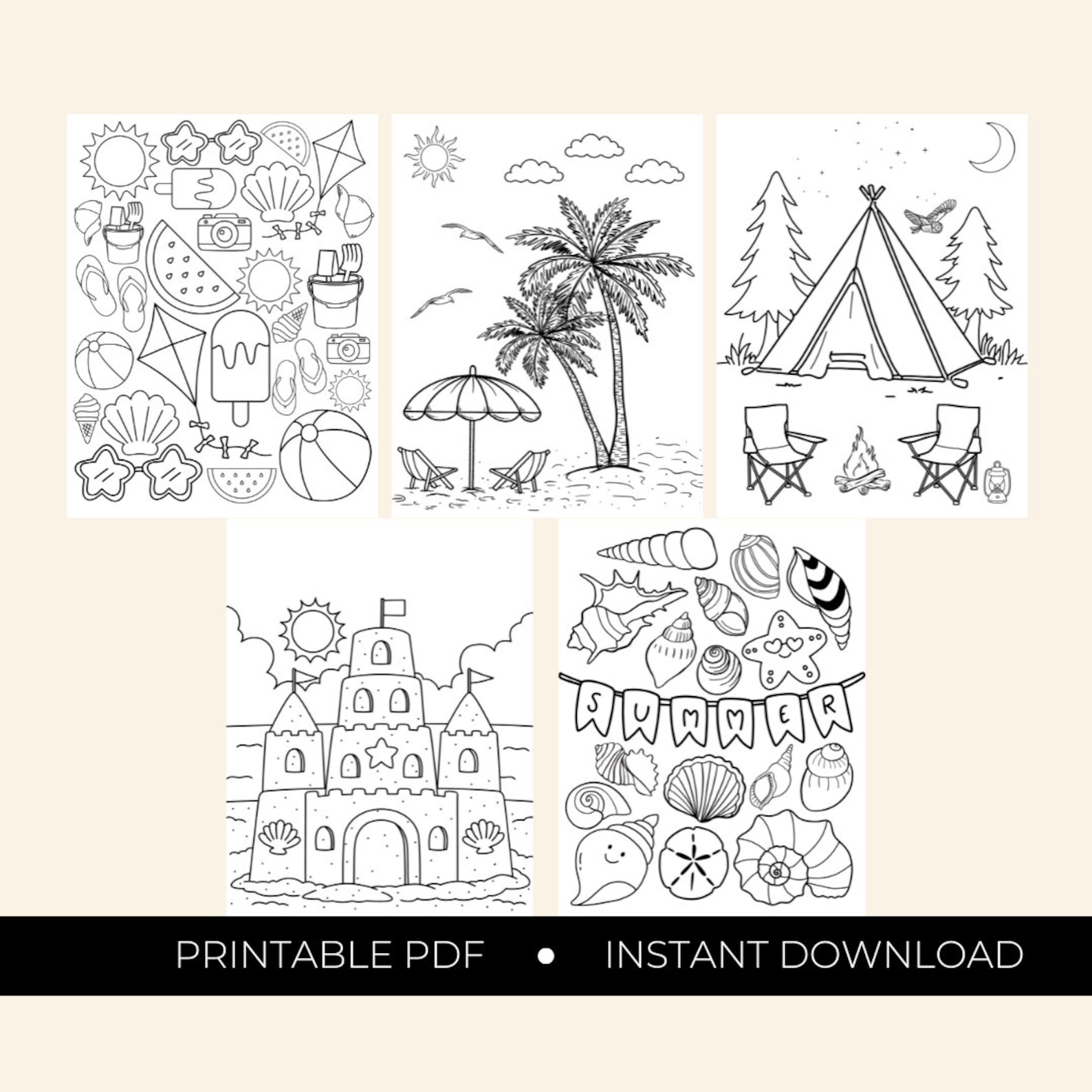 Summer Coloring Pages Pack, Five Pack of Summer Coloring Sheets, Summer ...