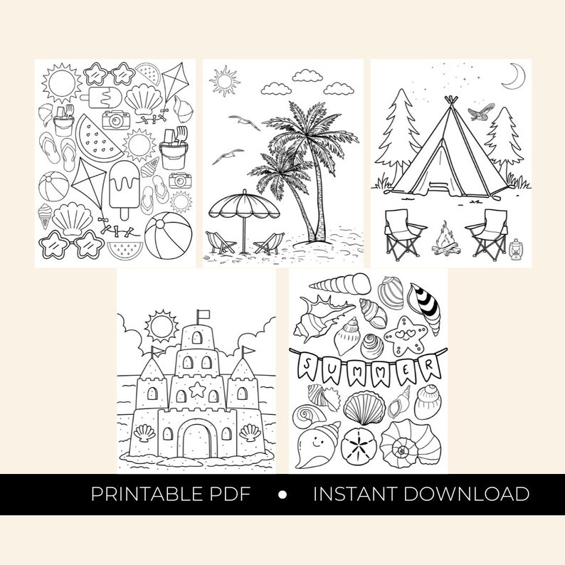 Summer Coloring Pages Pack, Five Pack of Summer Coloring Sheets, Summer ...