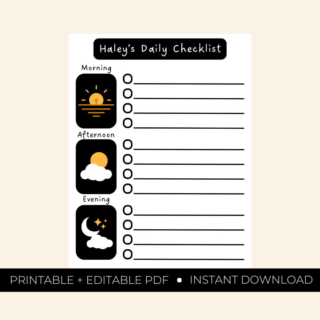 Kids Minimalist Daily Checklist Printable, Editable Chore Chart, Daily ...