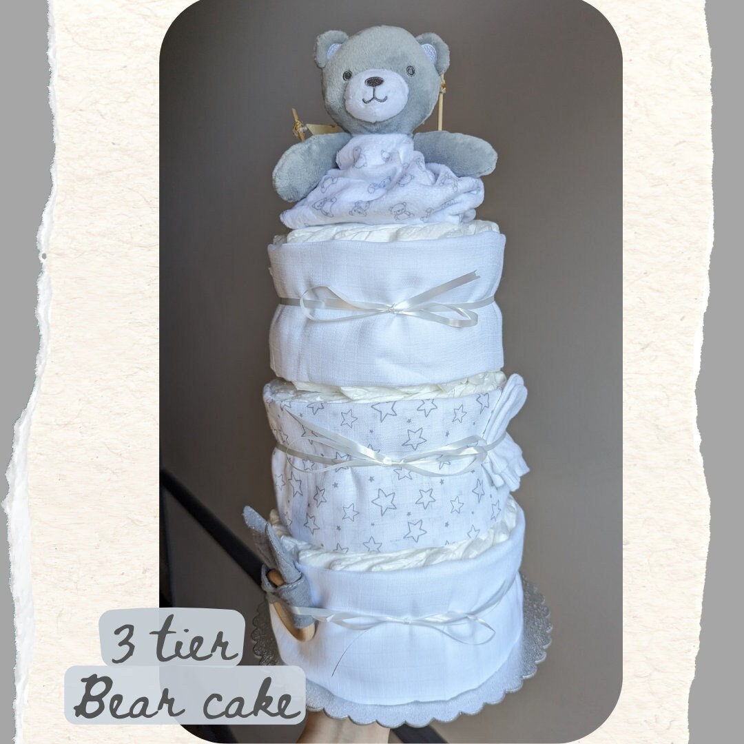 3 Tier Nappy Cake, Gender Neutral, Grey, Bear Comforter, Cute, Baby ...