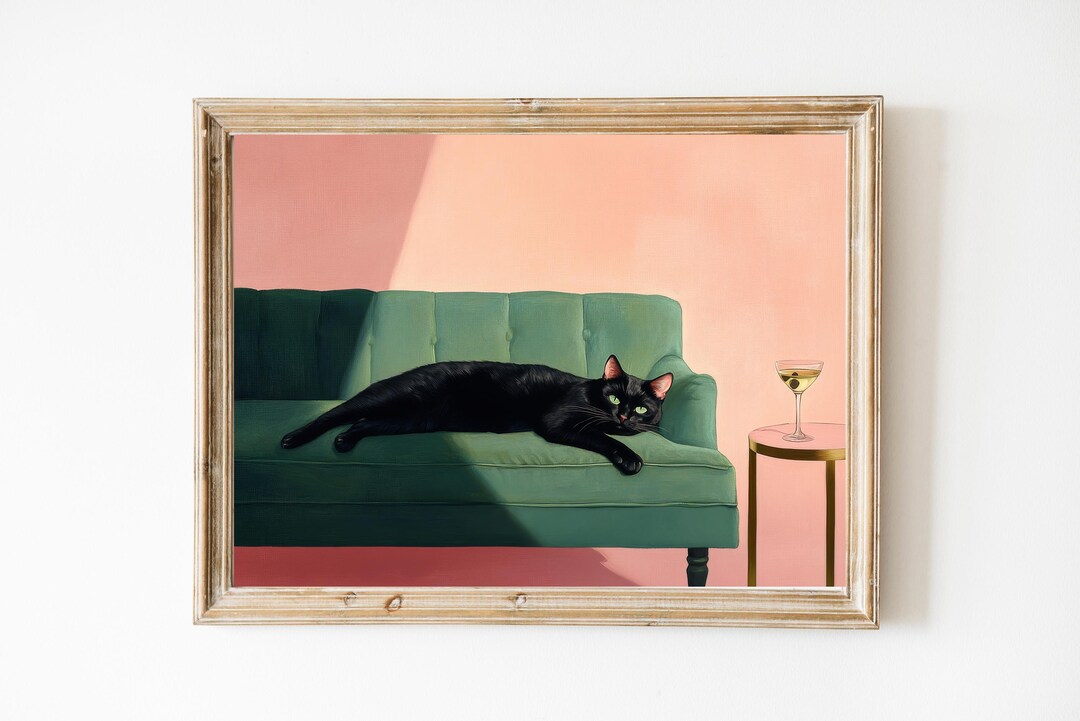 Black Cat With Martini Art Print | Cute Quirky Whimsical | Cocktail Art ...