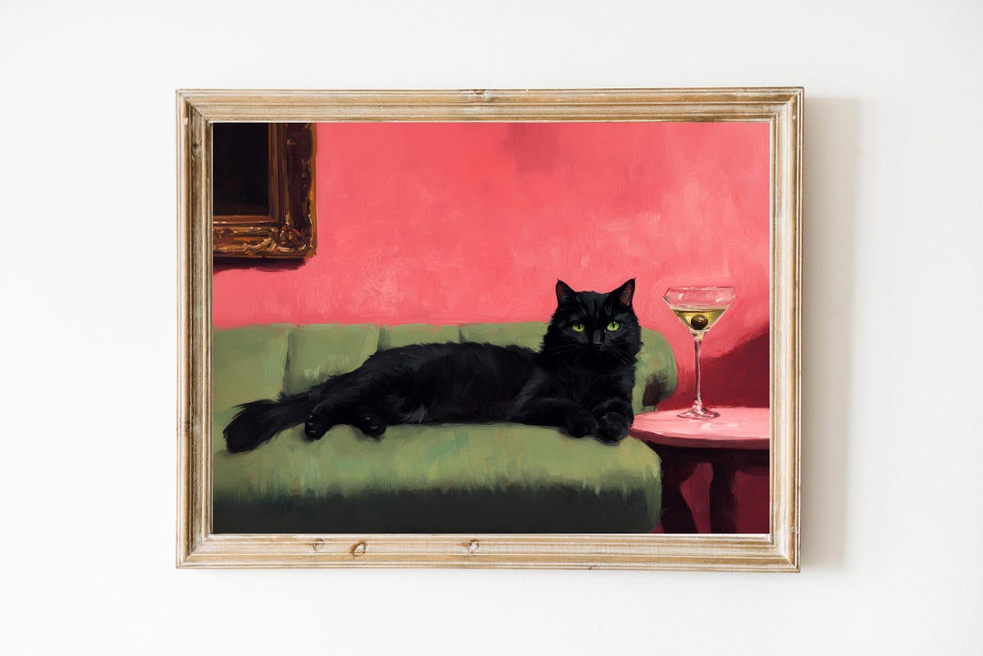 Black Cat With Martini Art Print | Cute Quirky Whimsical | Cocktail Art ...