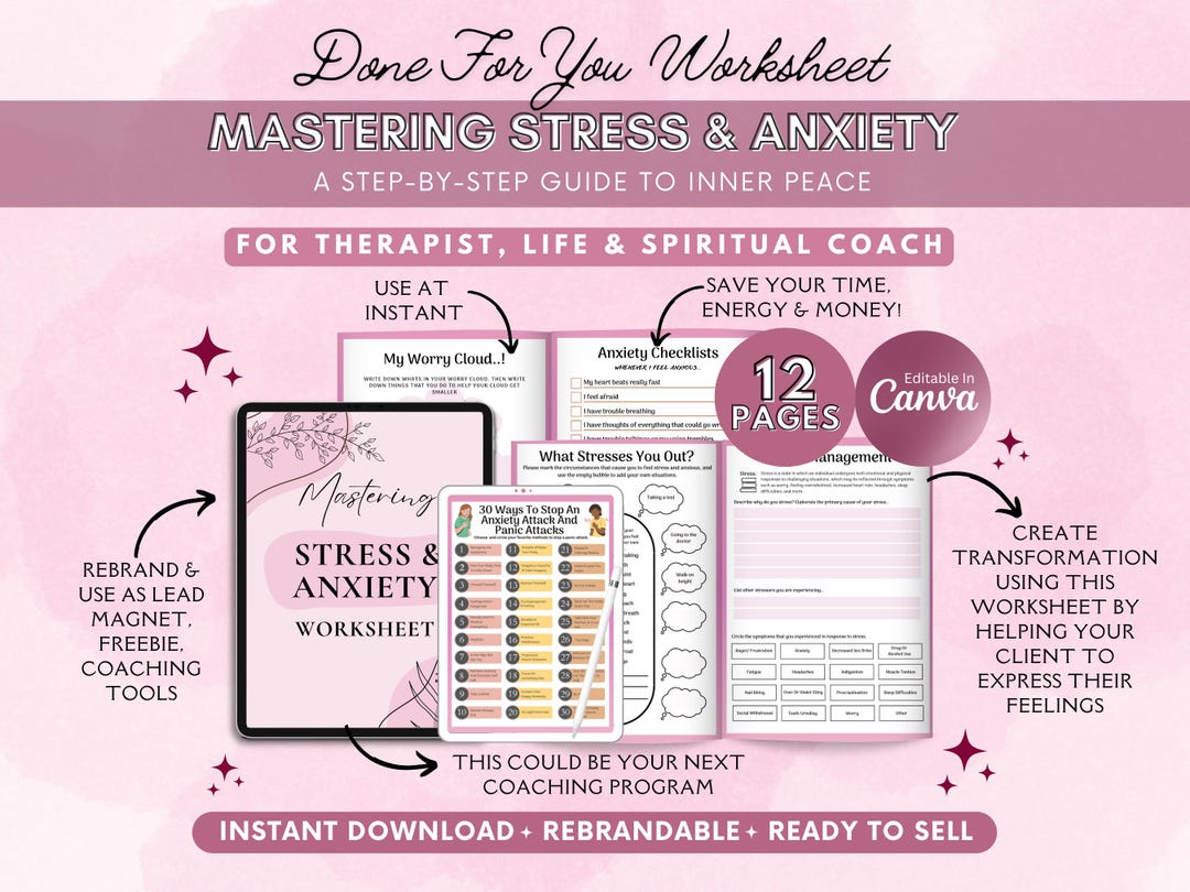 Stress Anxiety Brandable Worksheet I Done for You Mental Health Ecourse Workbook I Editable ...