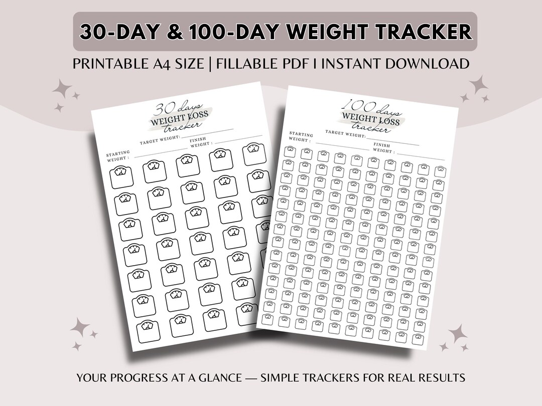 30 & 100 Day Weight Loss Tracker Printable: Progress Log (PDF Download ...