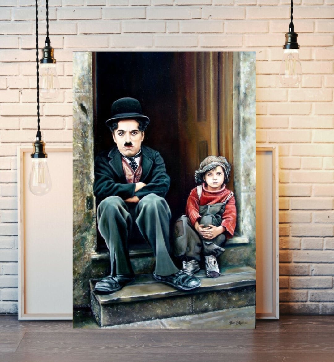 Famous Charlie Chaplain & Boy on Steps Canvas Print Poster Artwork Wall ...