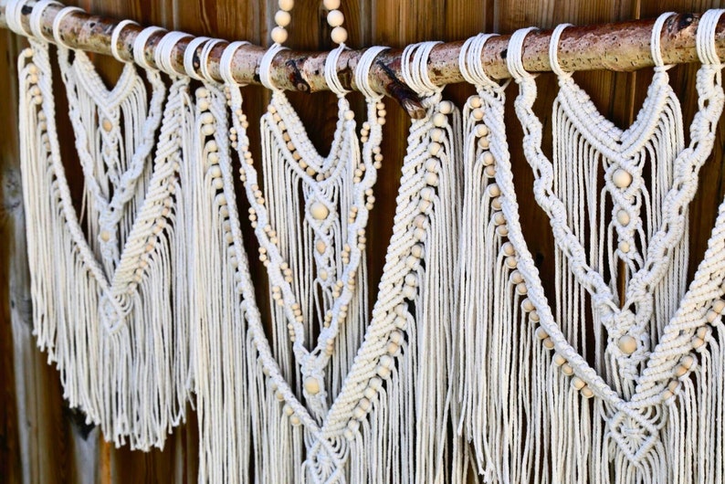 Large Beaded Boho Macrame Wall Hanging Decor on Birch Pole - Etsy