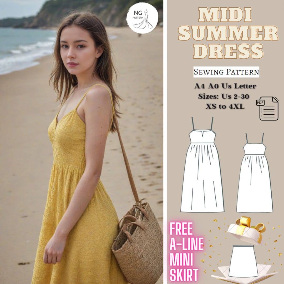 Casual Midi Summer Dress Sewing Pattern, Gathering Skirt, Sphagetti ...