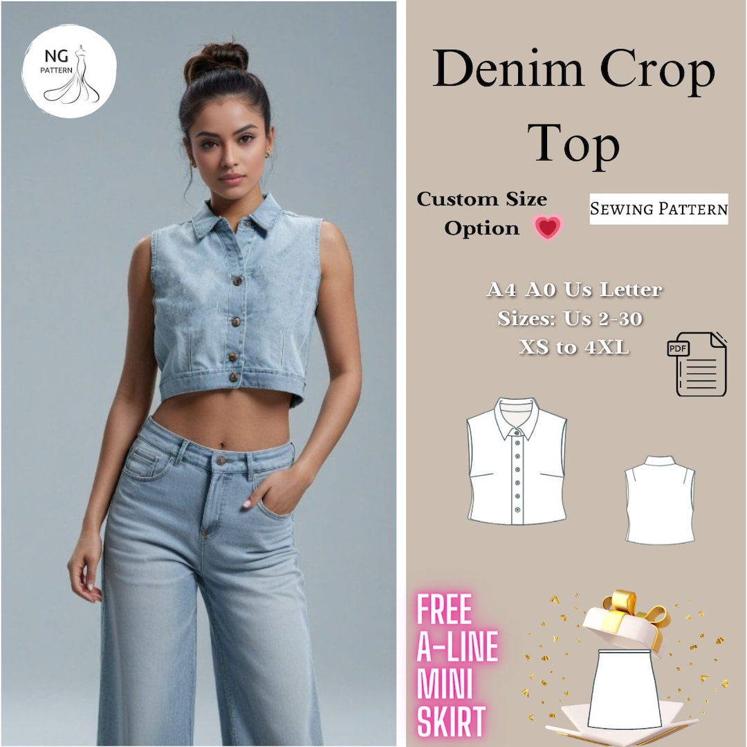 Denim Crop Top Sewing Pattern, Button Front Crop Top, Button Down Top ...