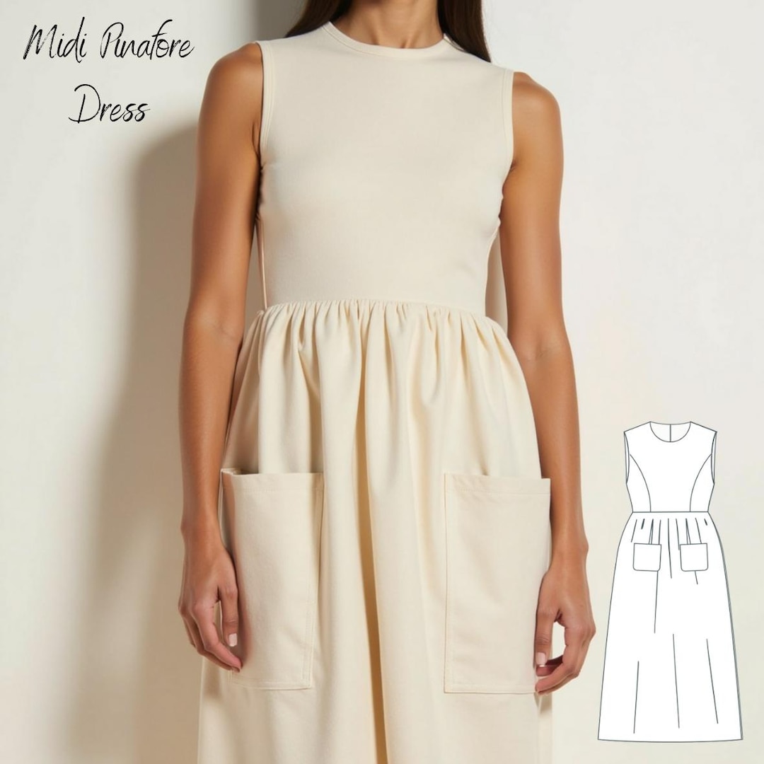 Linen Midi Pinafore Dress Sewing Pattern: Gathered Apron (XS-4XL ...