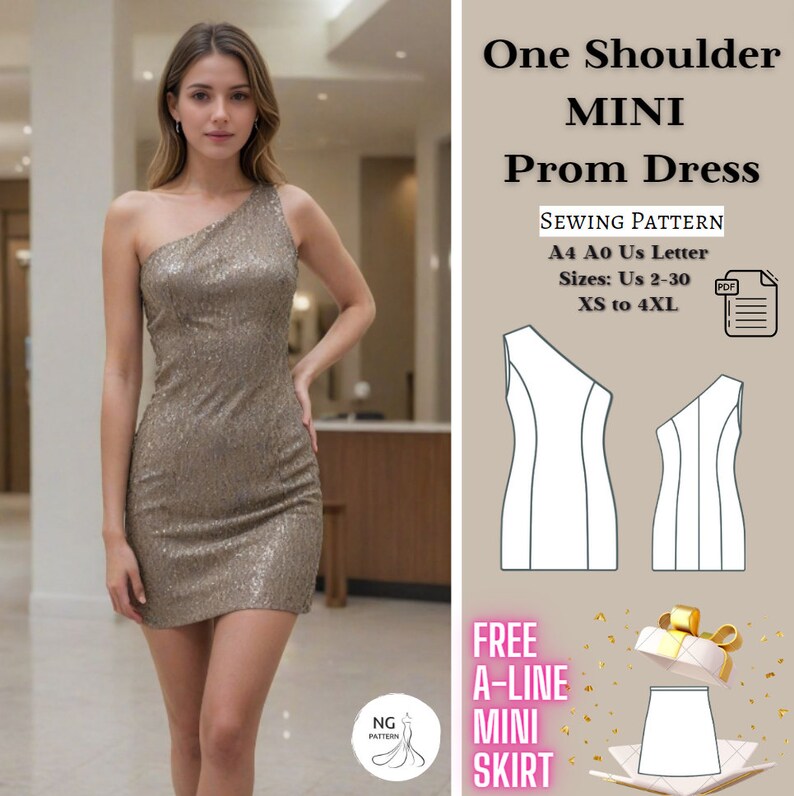One Shoulder Mini Prom Dress Sewing Pattern, Prom Dress, One Shoulder ...