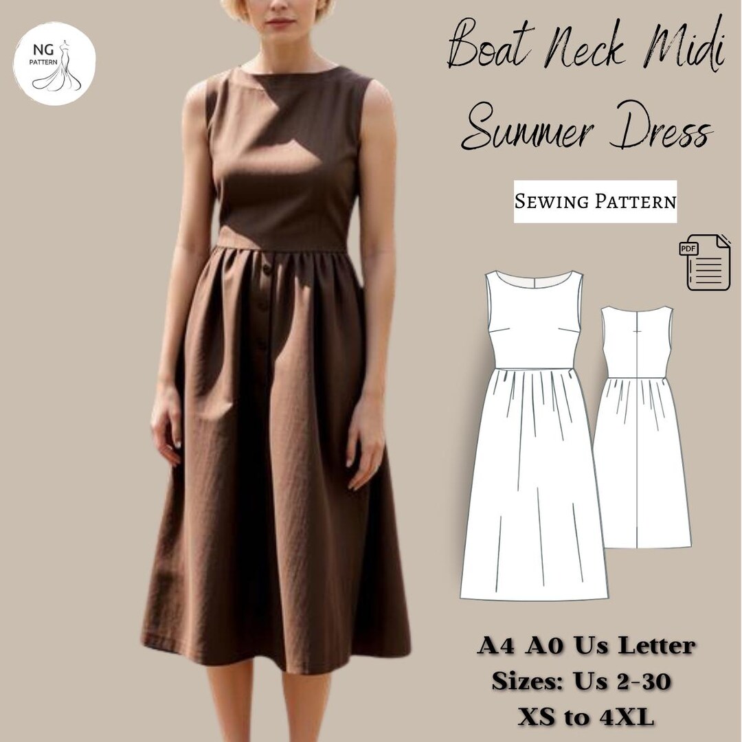 Linen Midi Gathered Dress Sewing Pattern, Midi Summer Dress, Boat Neck ...