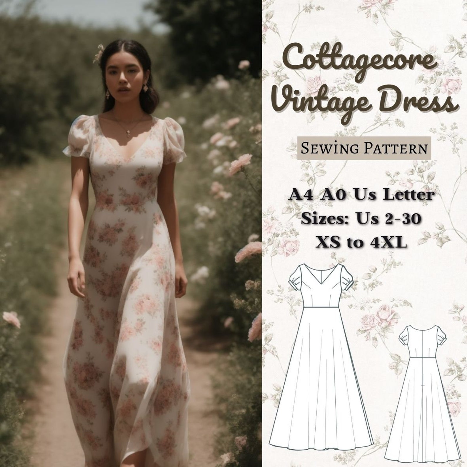 Cottagecore Vintage Dress Sewing Pattern, Renaissance, Regency, Fairy ...