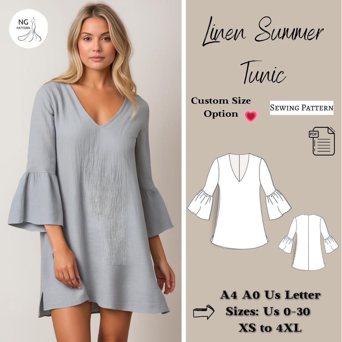 Linen Summer Tunic Top Sewing Pattern, Ruffle Sleeve Tunic Top, Easy ...