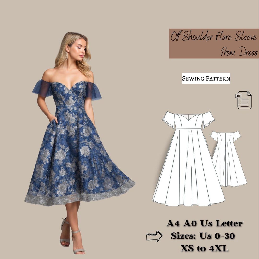 Off Shoulder Flare Sleeve Dress Sewing Pattern (XXS-4XL) (PDF Pattern ...