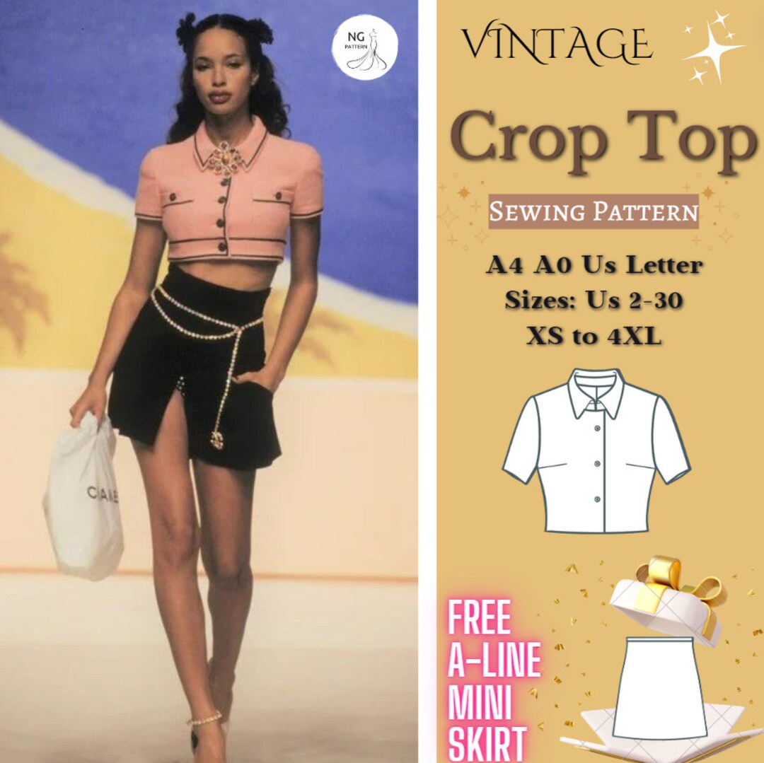 Vintage Crop Top Sewing Pattern, Collared Crop Top, Crop Shirt, Button ...