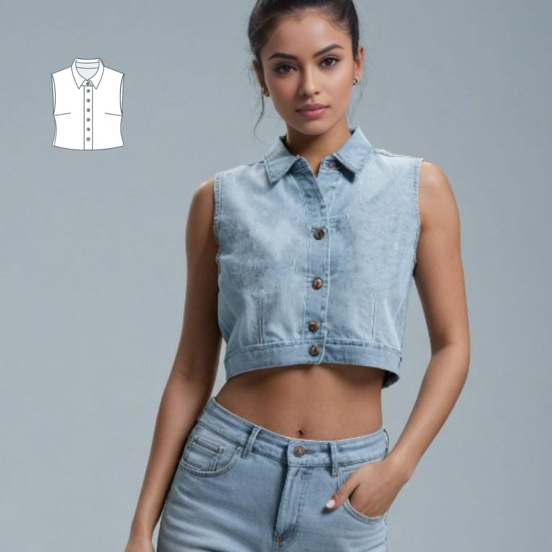 Denim Crop Top Sewing Pattern: Button-front Sleeveless Design (XS-4XL ...