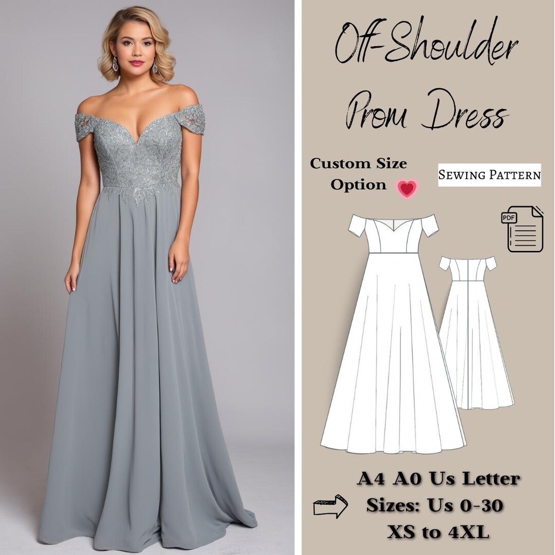 Off Shoulder Prom Dress Sewing Pattern, Cocktail Dress, Anniversary ...