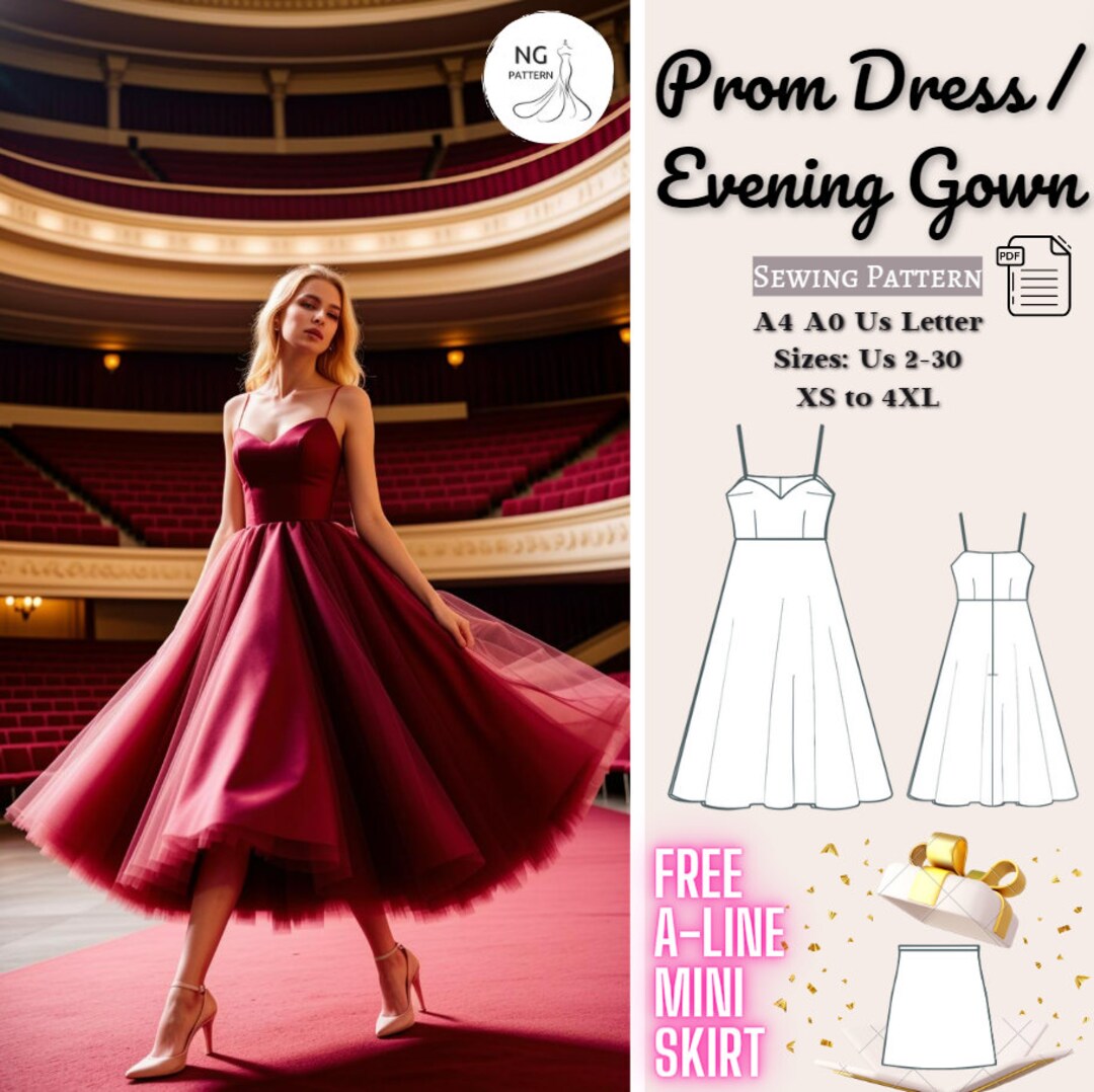 Prom Dress Sewing Pattern, Cocktail Dress, Strap Evening Dress Pattern ...
