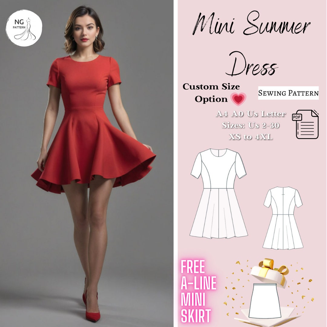 Mini Summer Dress Sewing Pattern, Flared Mini Dress, Short Sleeve Dress ...