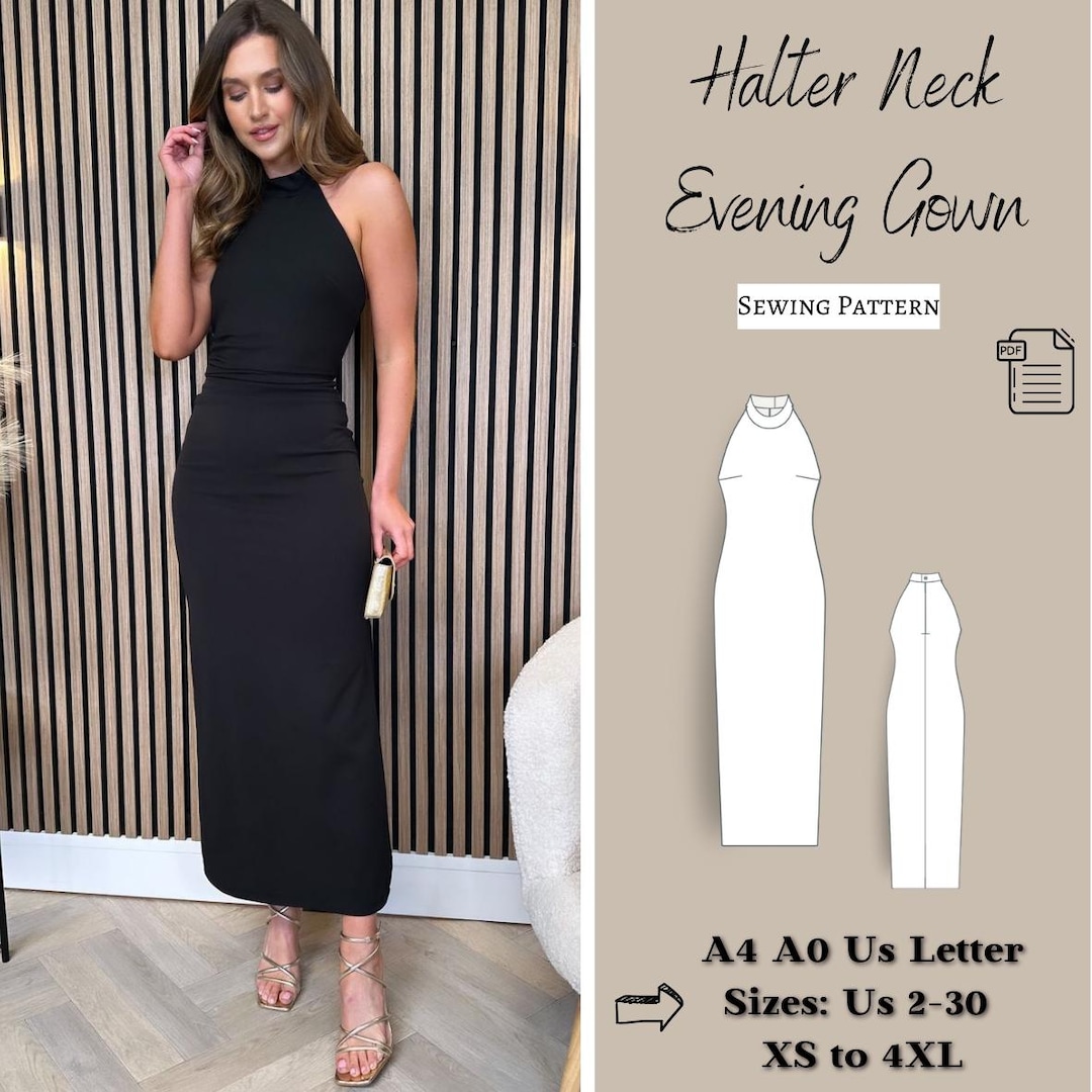 Halter Neck Evening Gown Sewing Pattern, Halter Neck Dress, Prom Dress ...