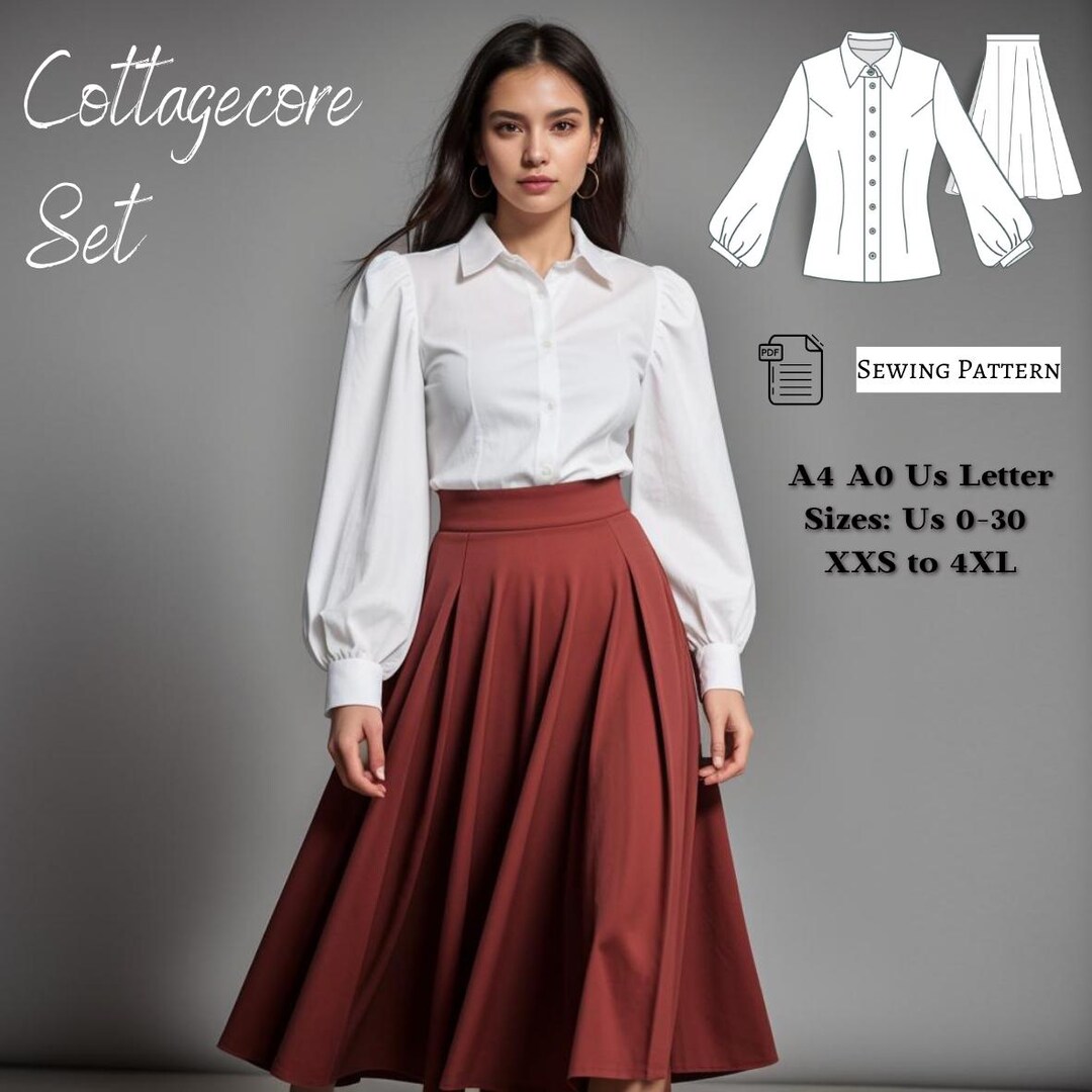 Cottagecore Set Sewing Pattern Bundle, Cottagecore Midi Skirt, Slim Fit ...