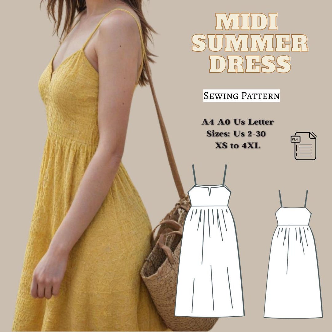 Casual Midi Summer Dress Sewing Pattern, Gathering Skirt, Sphagetti ...