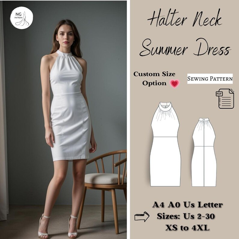Halter Neck Summer Dress Sewing Pattern, Halter Neck Dress, Prom Dress ...