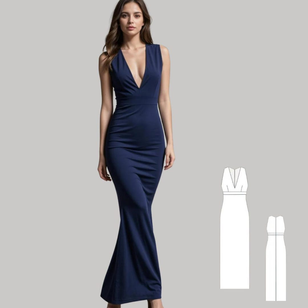 V Neck Maxi Evening Dress Sewing Pattern, Bodycon Dress Pattern, Pencil ...