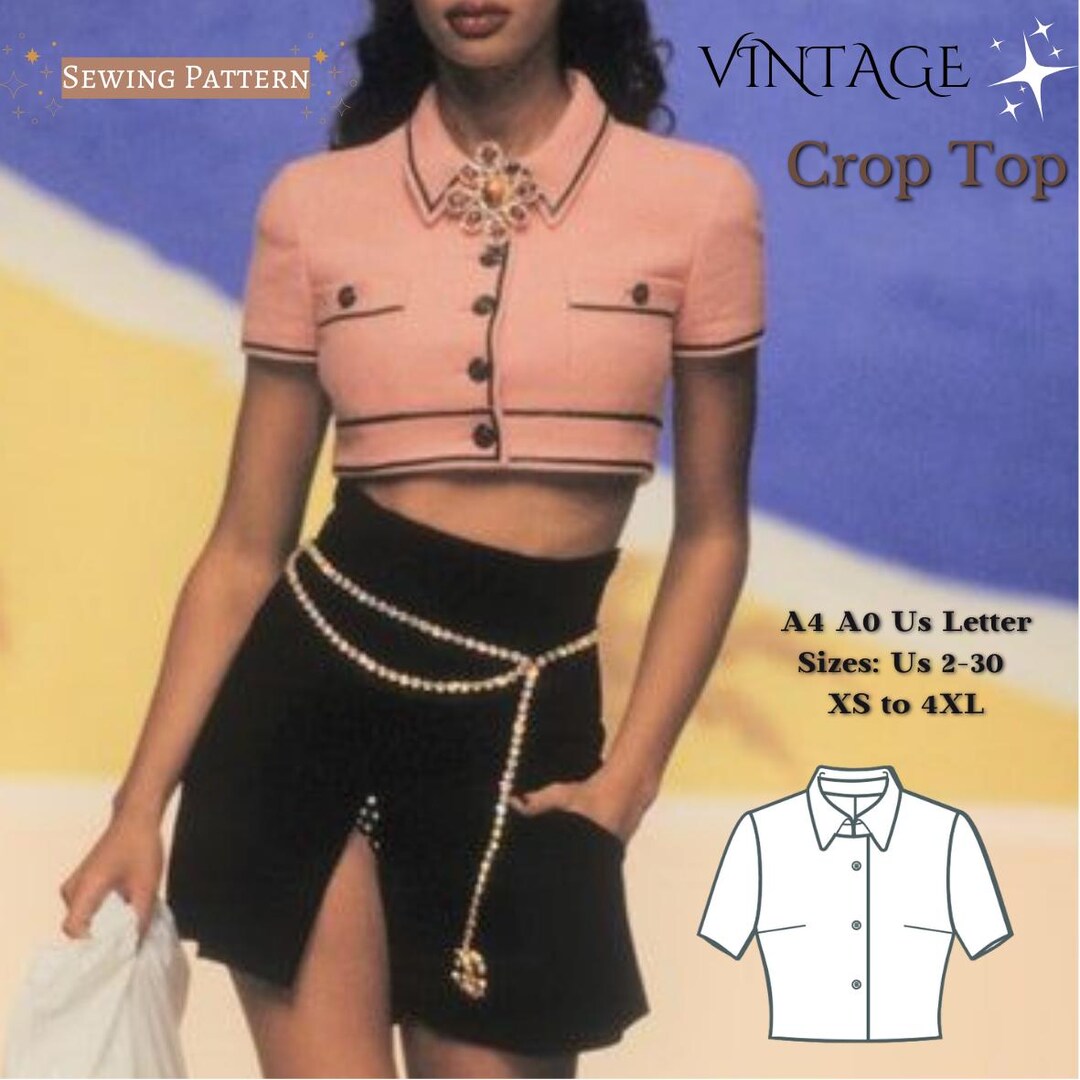 Vintage Collared Crop Top Sewing Pattern (A4/A0/US Sizes XS-4XL) (PDF ...