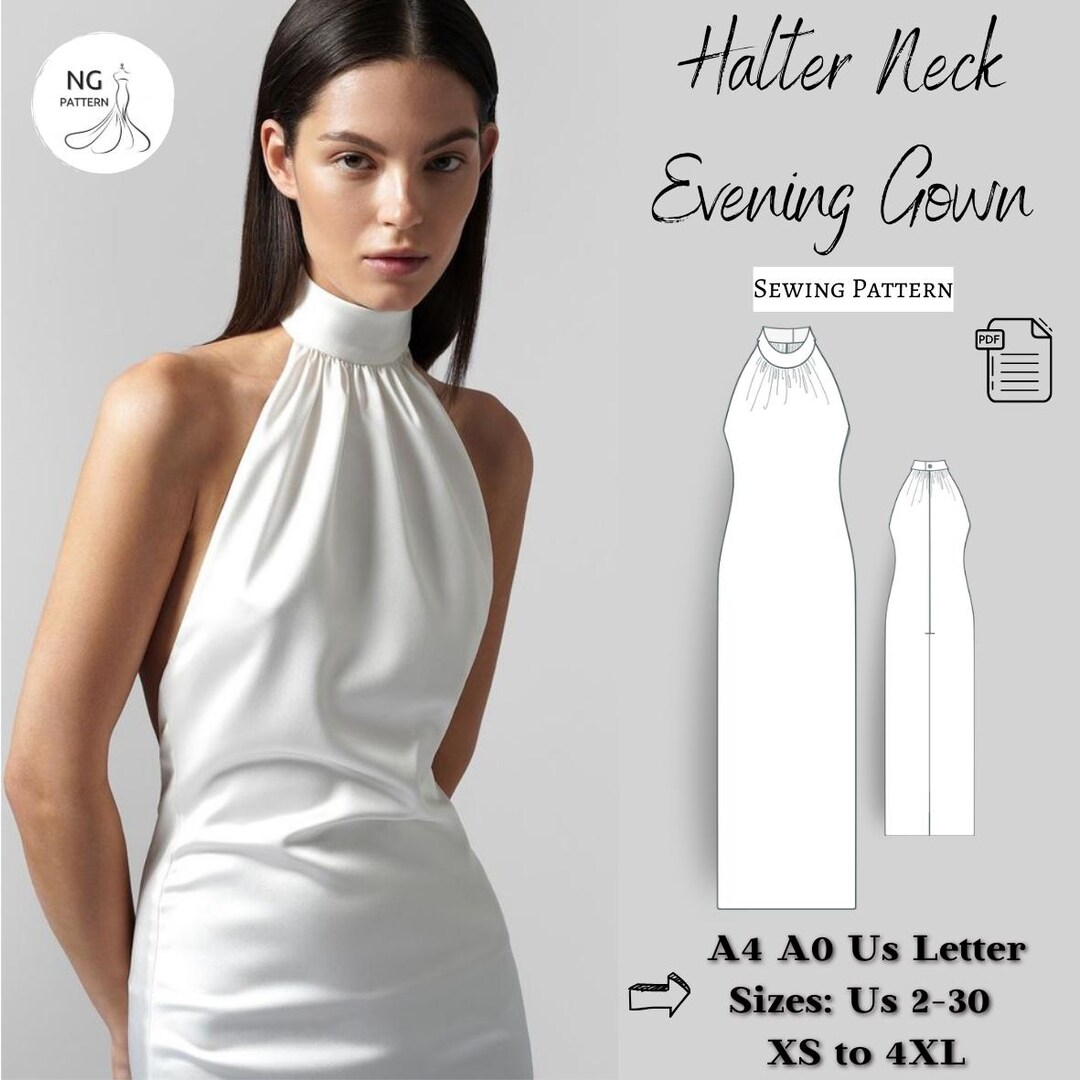 Halter Neck Evening Gown Sewing Pattern, Halter Neck Dress, Prom Dress ...