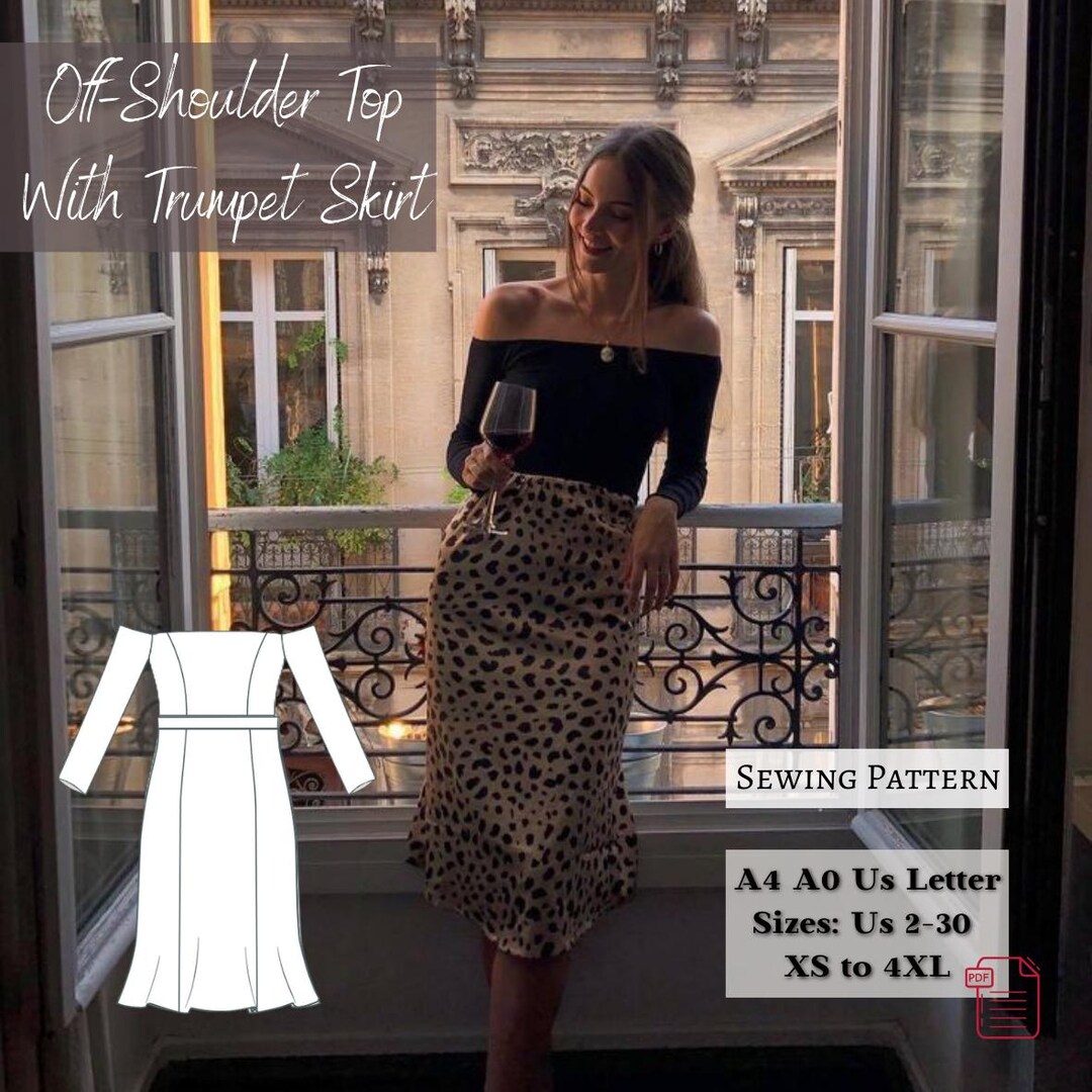 Off Shoulder Top & Trumpet Skirt Sewing Pattern (XS-4XL) (PDF Pattern ...