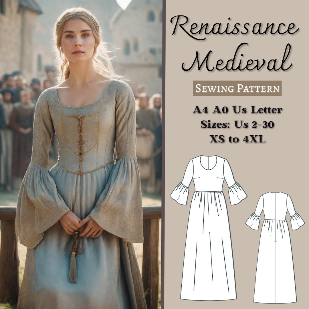 Renaissance Medieval Cosplay Dress Sewing Pattern, Regency Dress ...