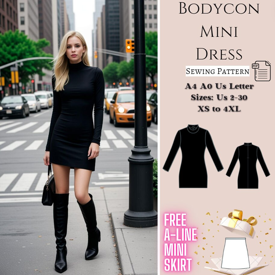 Bodycon Mini Dress Sewing Pattern, Ribbed Dress, Prom Dress, Stretch ...