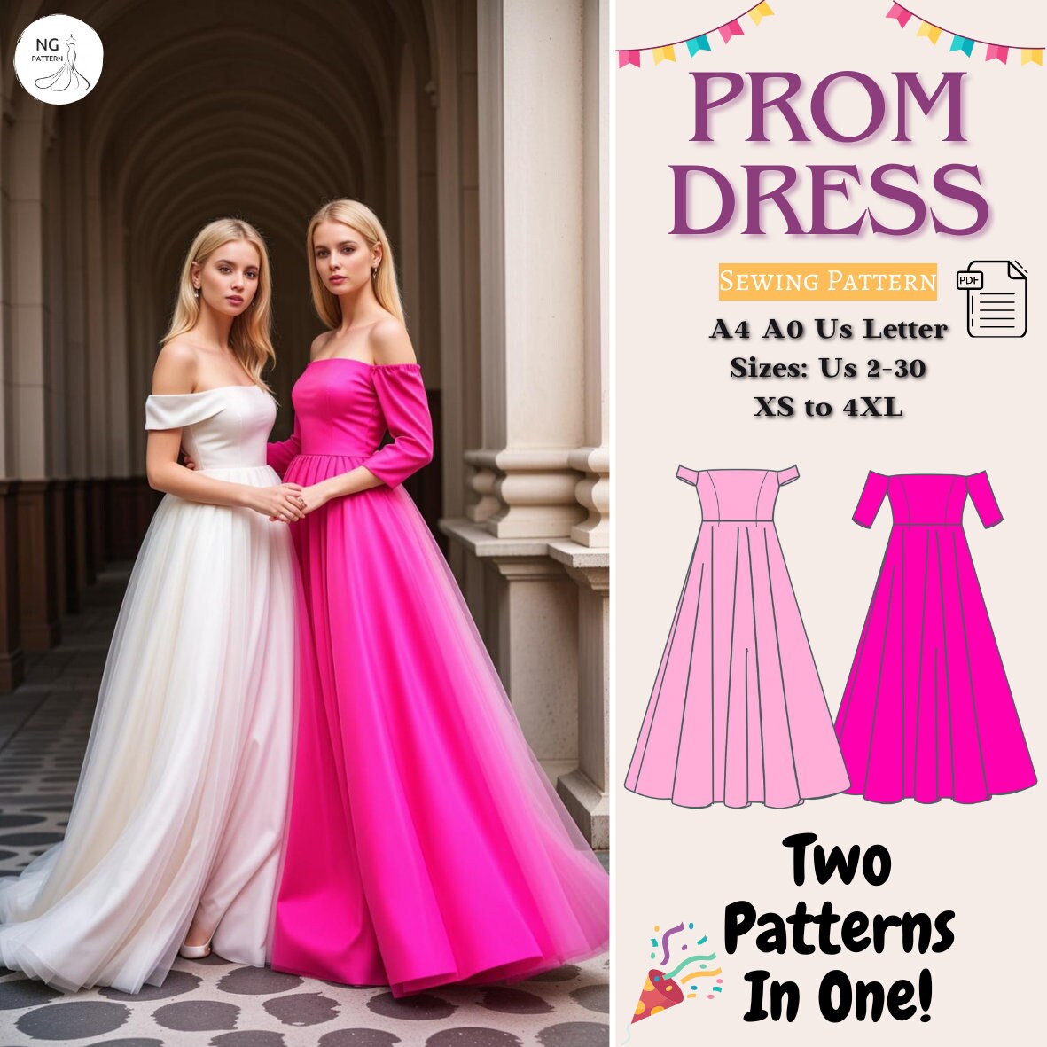 Prom Dress Sewing Pattern, Cocktail Dress, Strap Evening Dress Pattern ...