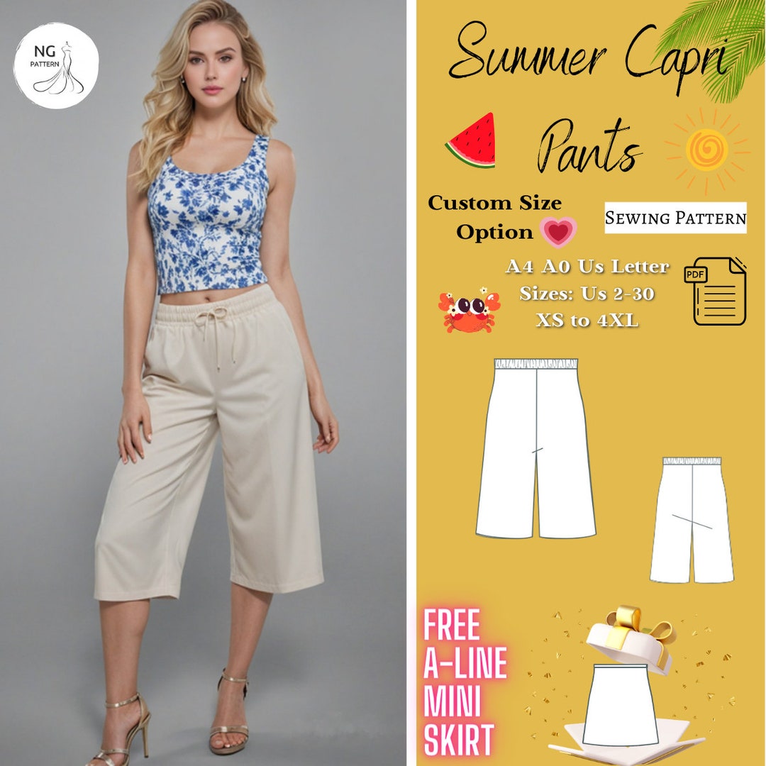 Women's Summer Capri Pants Sewing Pattern, Wide Leg Capri Pants, Loose Fit Pants, Sweatpants ...