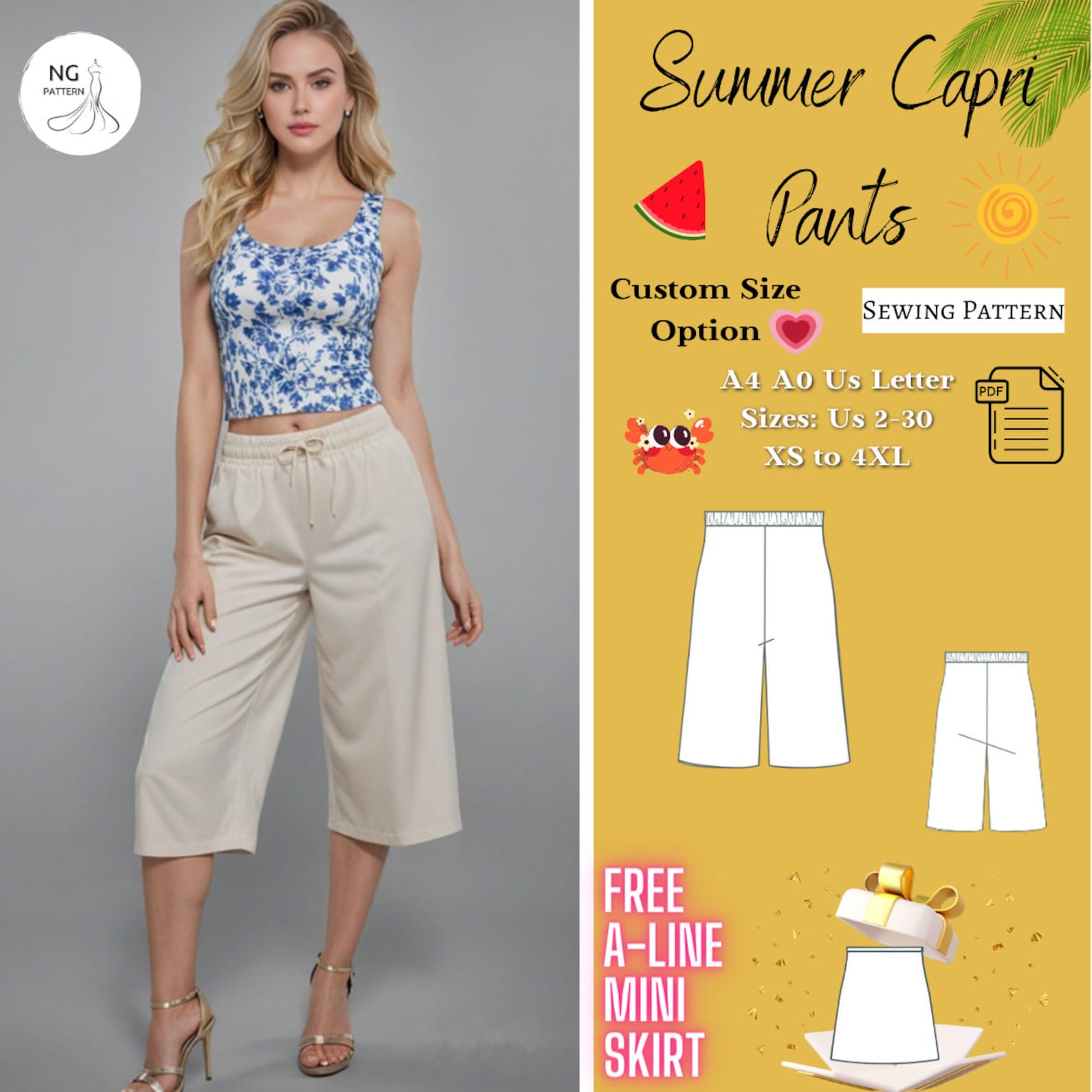 Women's Summer Capri Pants Sewing Pattern, Wide Leg Capri Pants, Loose ...